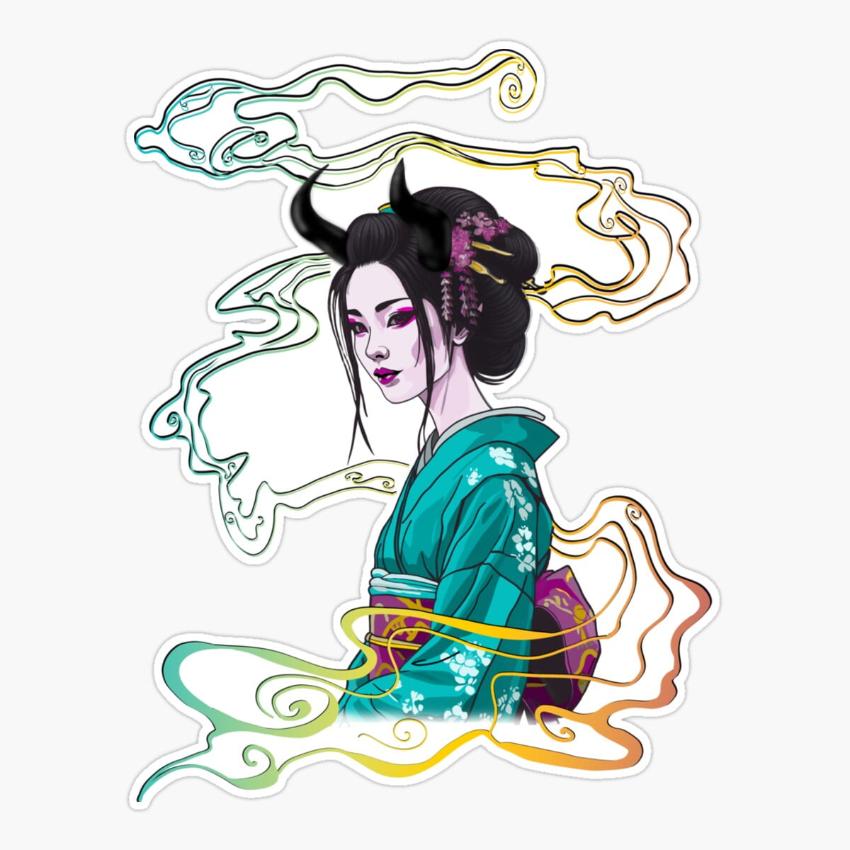 Onim Oni Geisha Woman Illustration With Colorful Smoke - Unique Fantasy ...