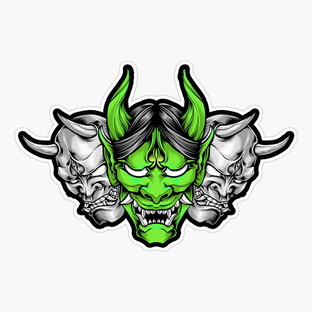 Onim Oni Hannya Japanese Demons Tattoo Style Neon Green Sticker, Phone ...