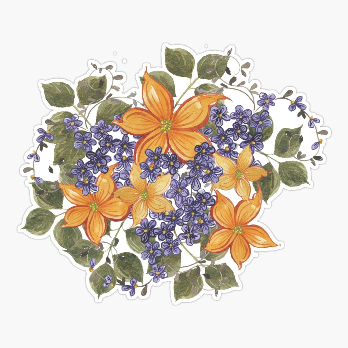 Onim Orange Flowers And Forget-Me-Nots Ii (Cream) Sticker, Phone Decal ...