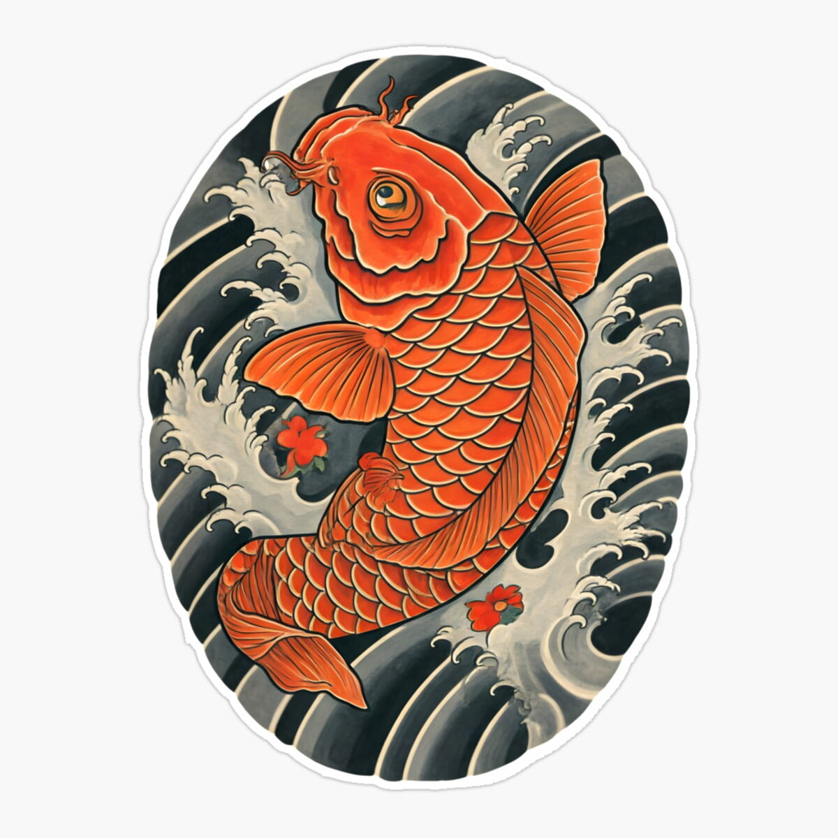 Onim Orange Koi Fish - Japanese Design With Waves Sticker, Phone Decal ...