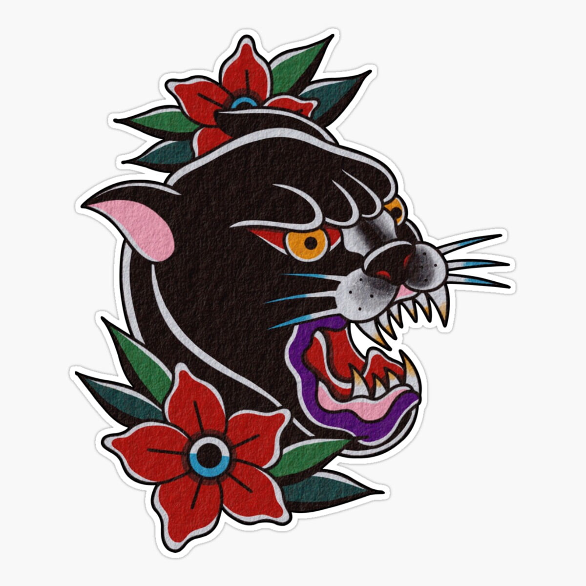 Onim Panther Head With Flowers Tattoo Sticker, Phone Decal Water Bottle ...