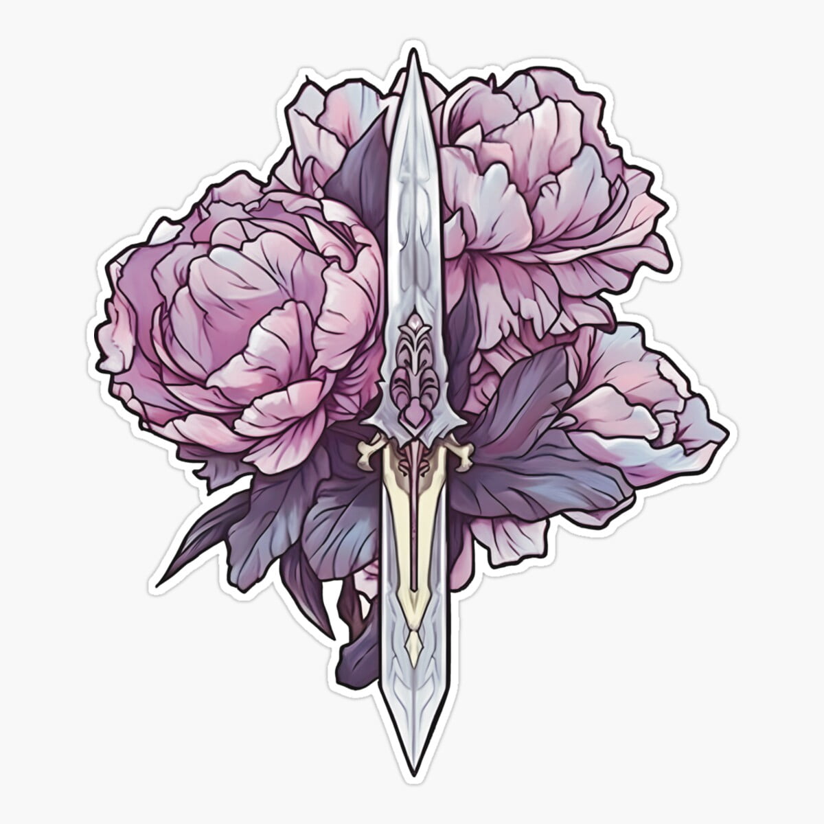 Onim Peonies And Vintage Sword Sticker, Phone Decal Water Bottle ...