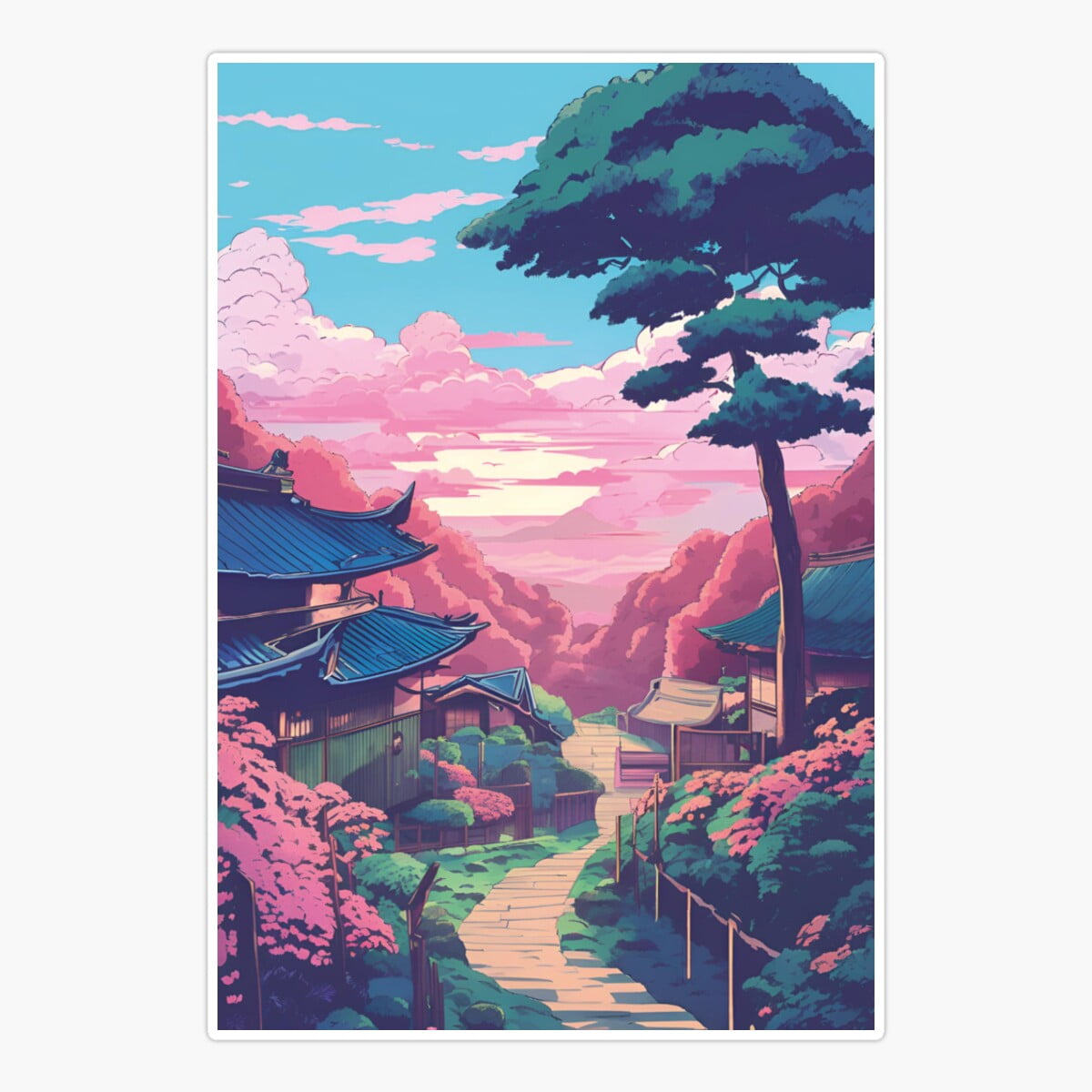 Onim Pink Sky In Japanese Village Sticker, Phone Decal Water Bottle ...