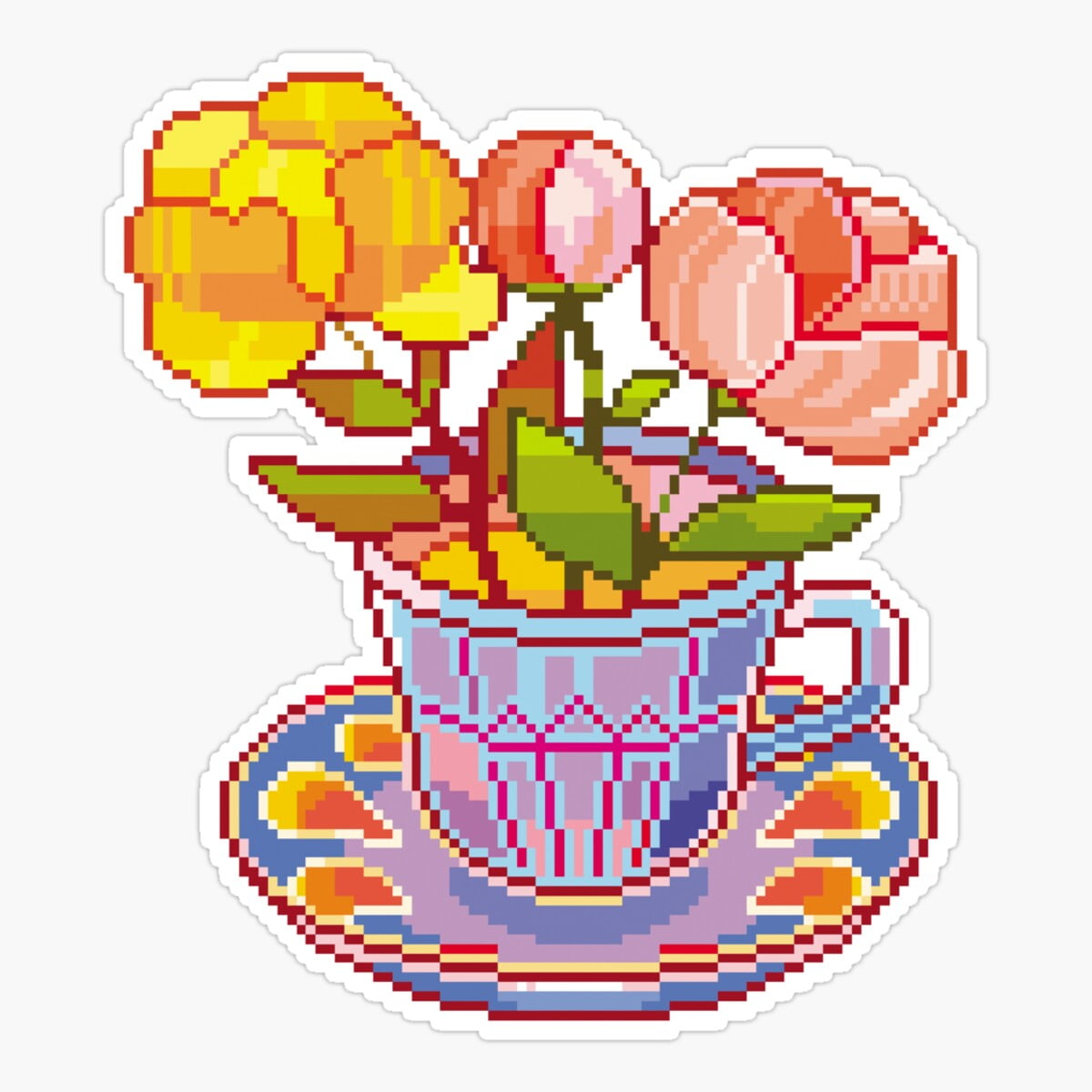 Onim Pixel Tea Peonies Sticker, Phone Decal Water Bottle Stickers Car ...