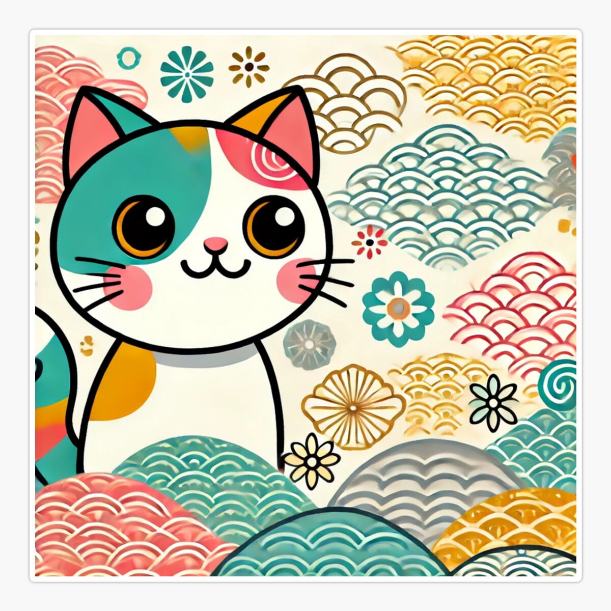 Onim Playful Cat With Japanese Wagara Patterns Sticker, Phone Decal ...