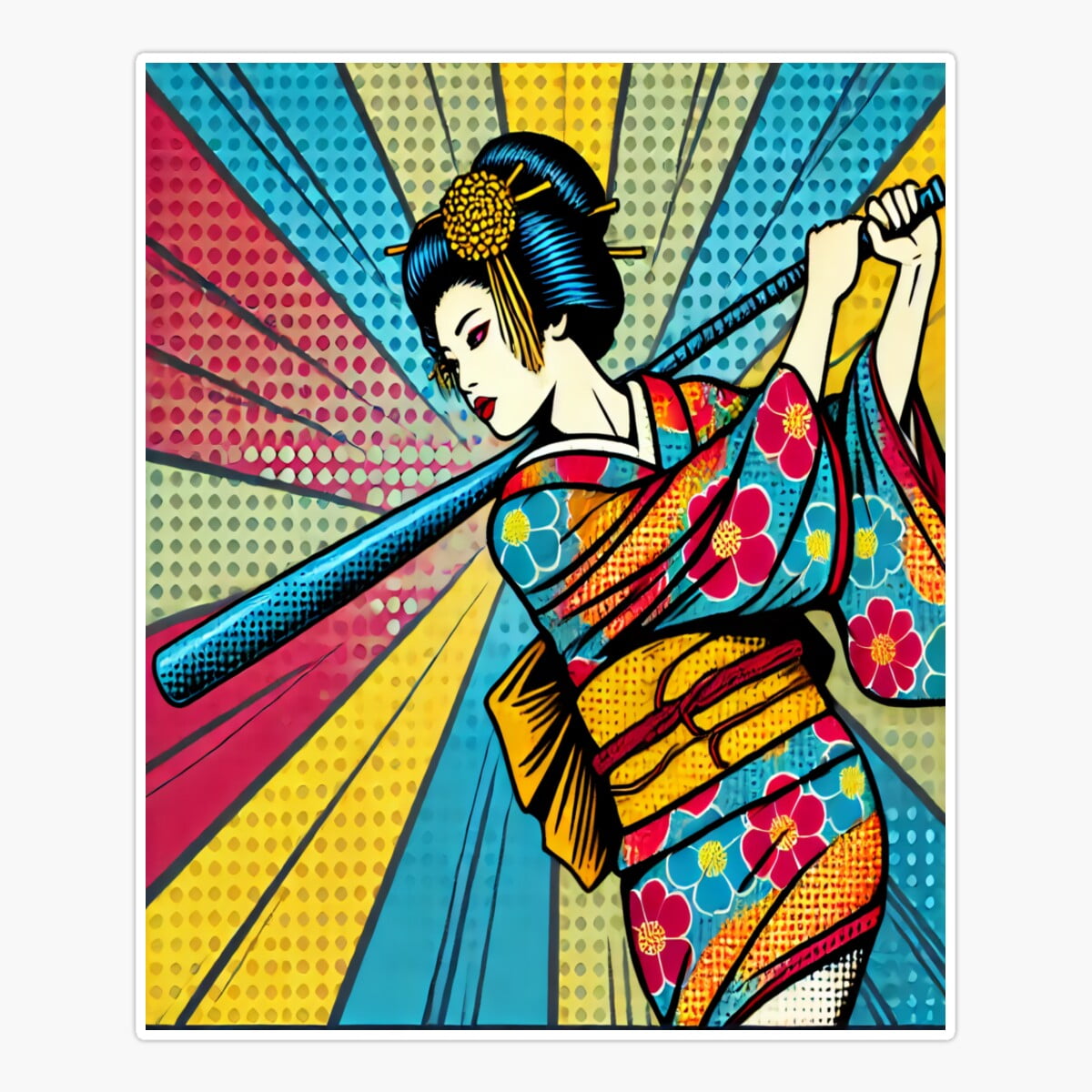 Onim Pop Art Geisha Swinging A Baseball Bat Sticker, Phone Decal Water ...