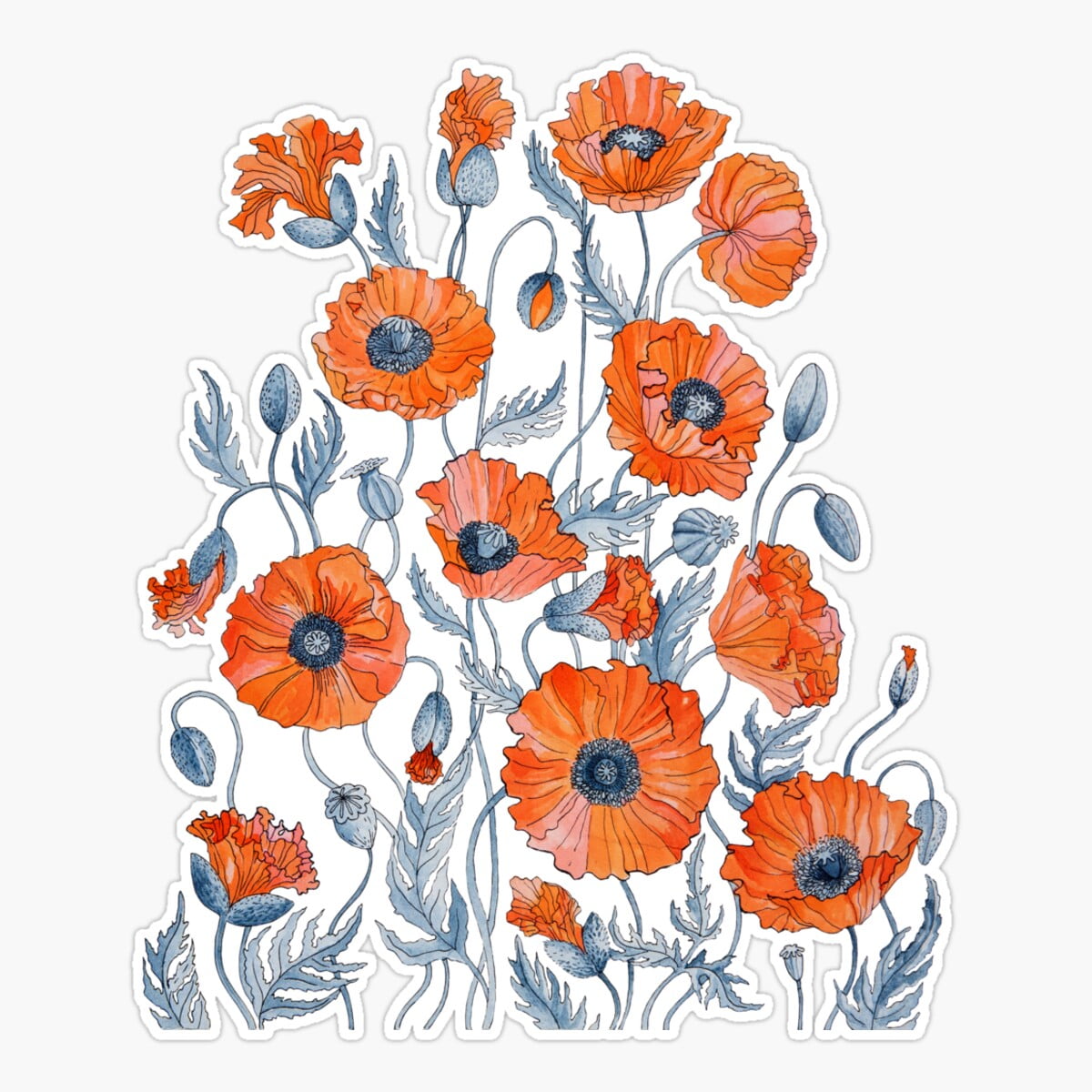 Onim Poppies Floral Light Grey Sticker, Phone Decal Water Bottle ...
