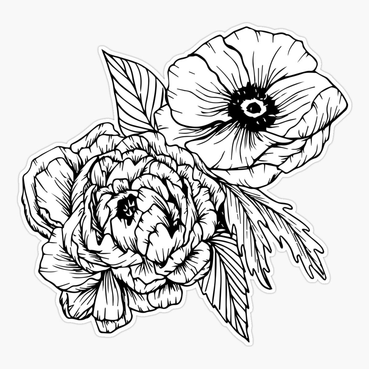 Onim Poppy And Peony Floral Illustration Sticker, Phone Decal Water ...