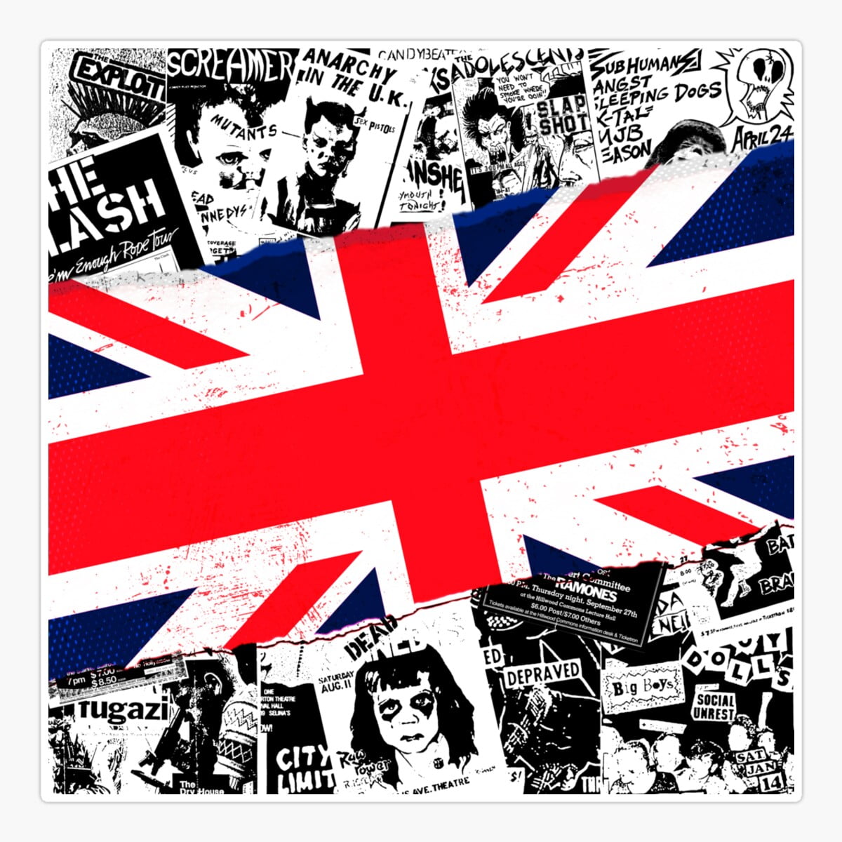Onim Punk Flyers Collage Punkrock With Uk Flag Sticker, Phone Decal ...