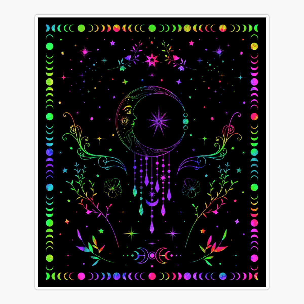 Onim Rainbow Celestial Crescent Moon With Floral Accents And Moon Phase ...