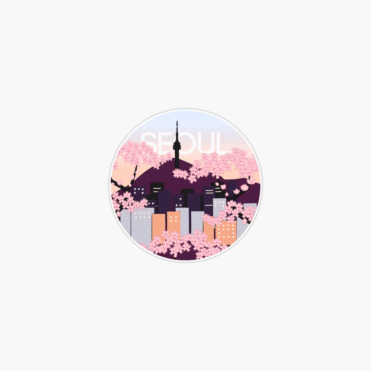 Onim Seoul Tower With Woodblock Style Cherry Blossoms South Korea ...