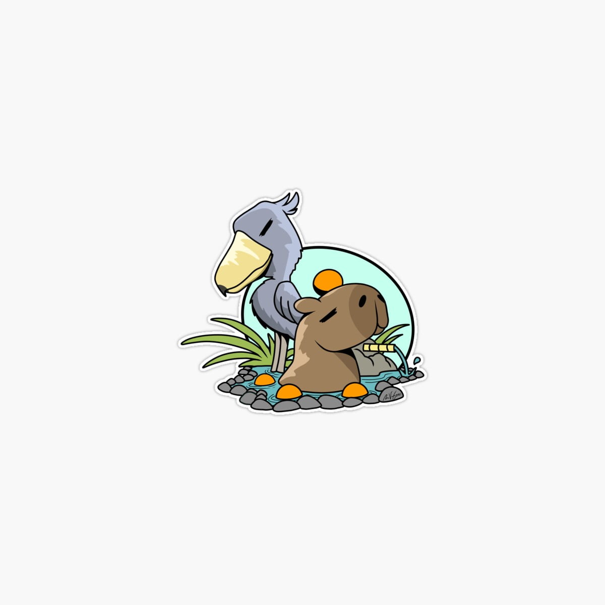 Onim Shoebill Stork And Capybara Onsen Sticker, Phone Decal Water ...