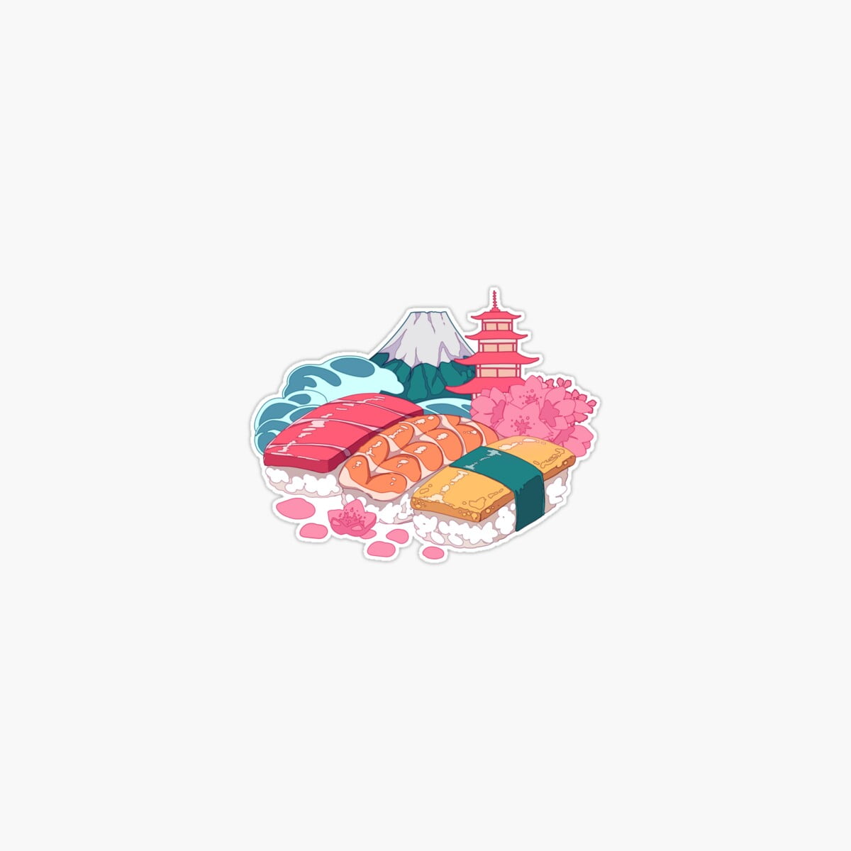 Onim The Japanese sushi, Mount Fuji and pink cherry blossom Sticker ...