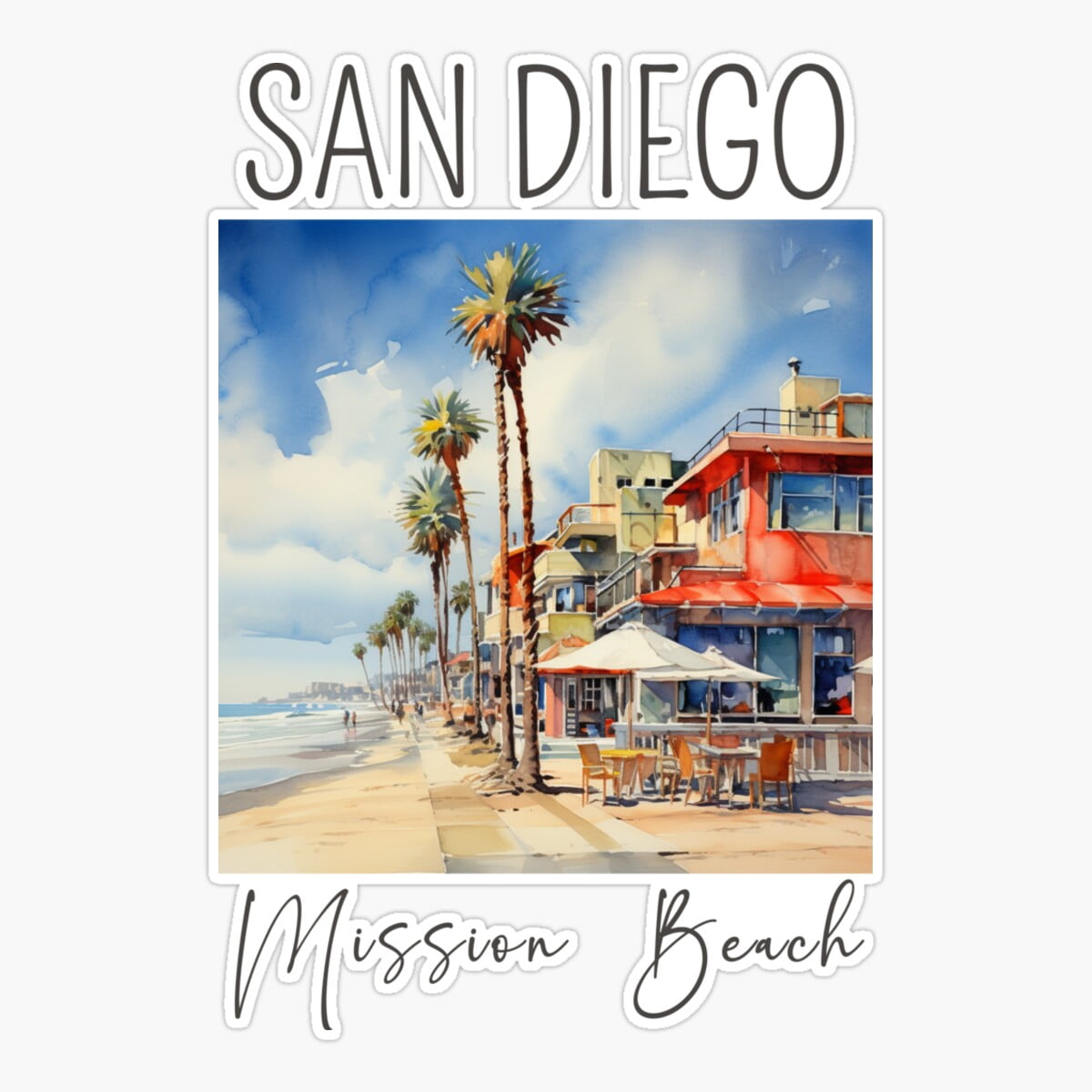 Onim A Watercolor Design Of The Mission Beach In San Diego - California ...