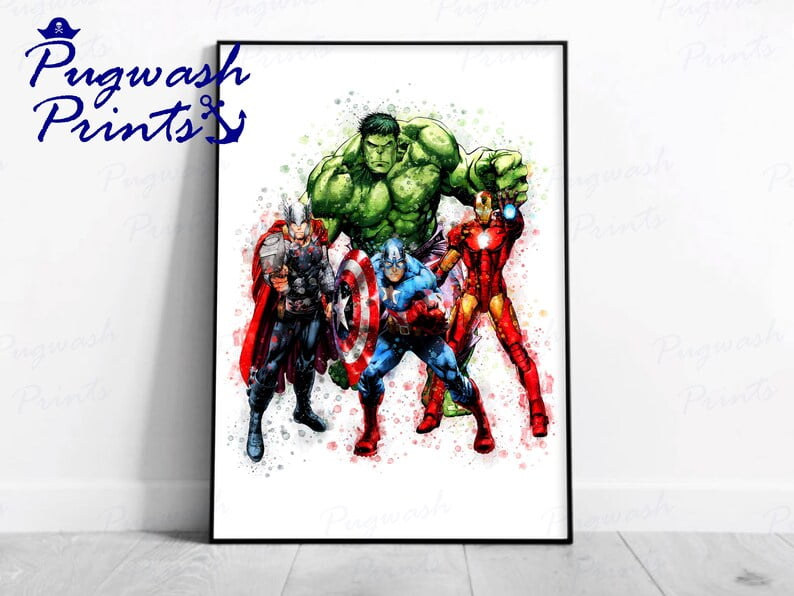 Onimhouse Poster Marvel Print 'The Avengers Heroes' Watercolour Splash ...
