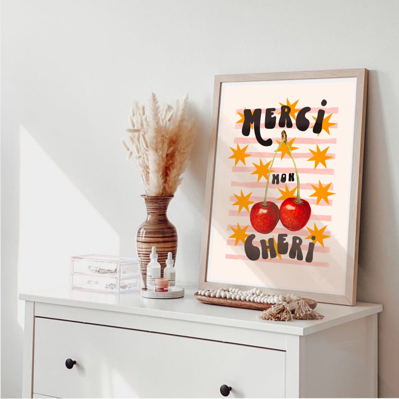 Onimhouse Poster Merci mon Cheri, French Art Print, Cherry, Red and ...