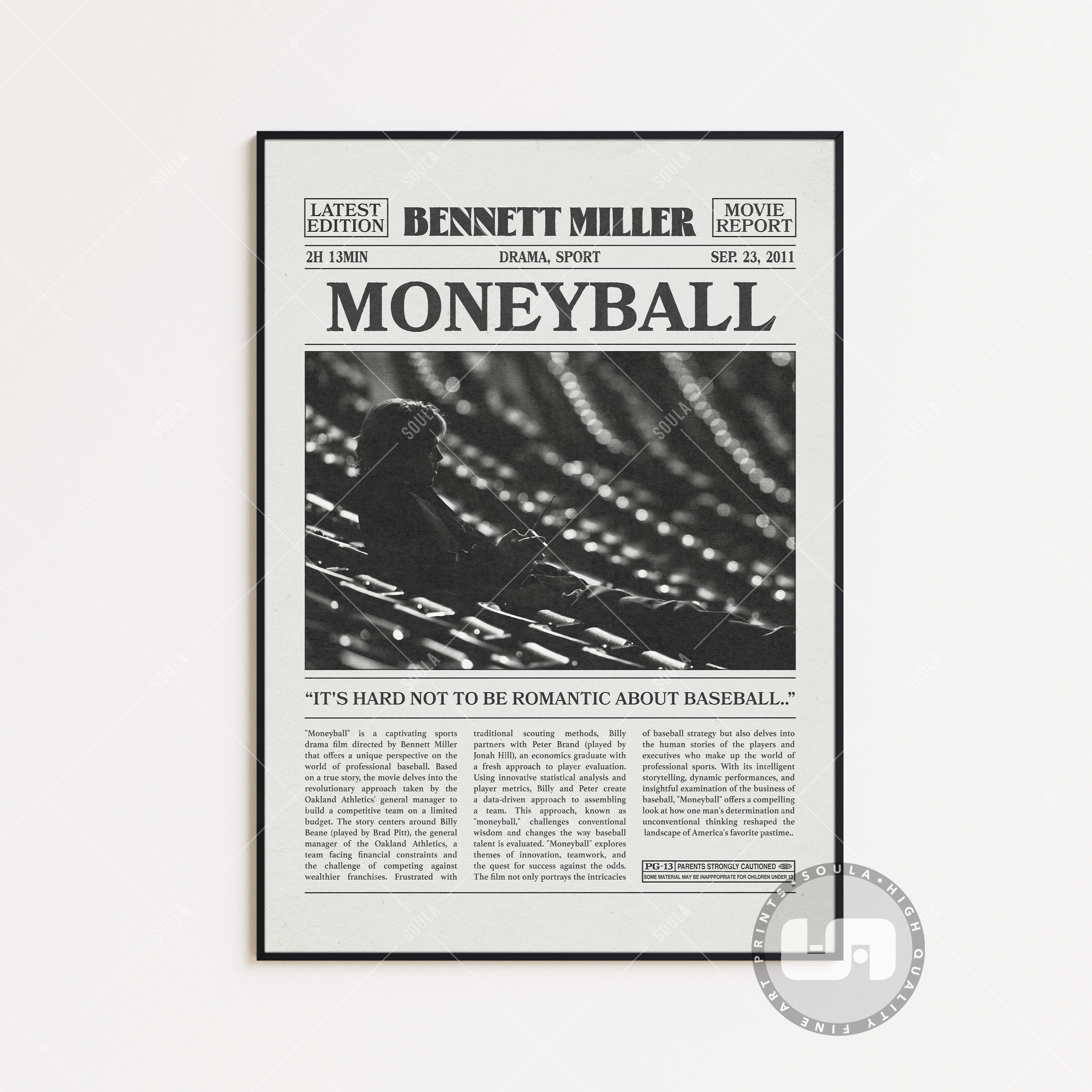 Onimhouse Poster Moneyball, Bennett Miller, Retro Newspaper Movie ...