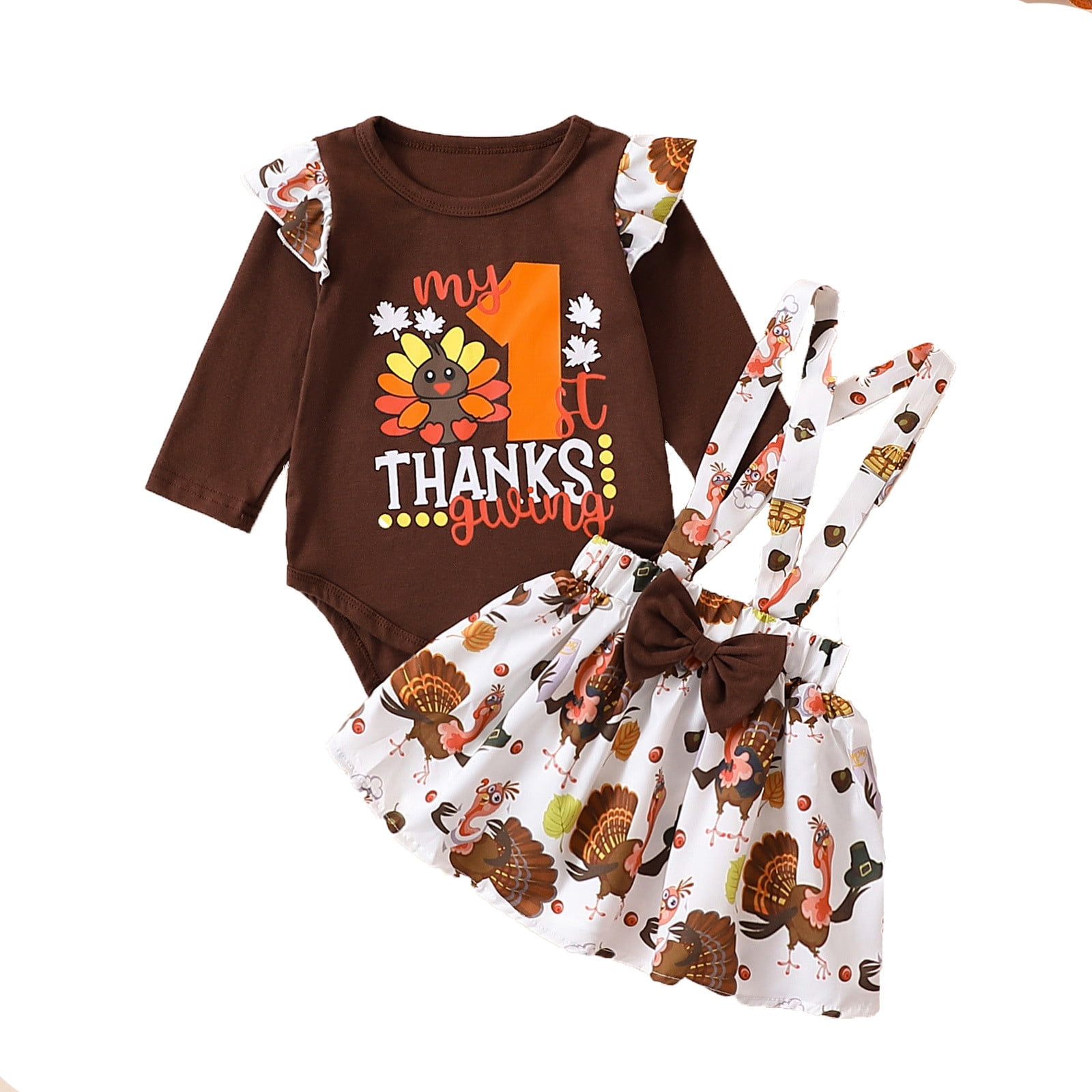 Onlfs Infant Girl's Outfit Set Long Sleeve Thanksgiving Day Letter Printed Bodysuit Suspenders ...