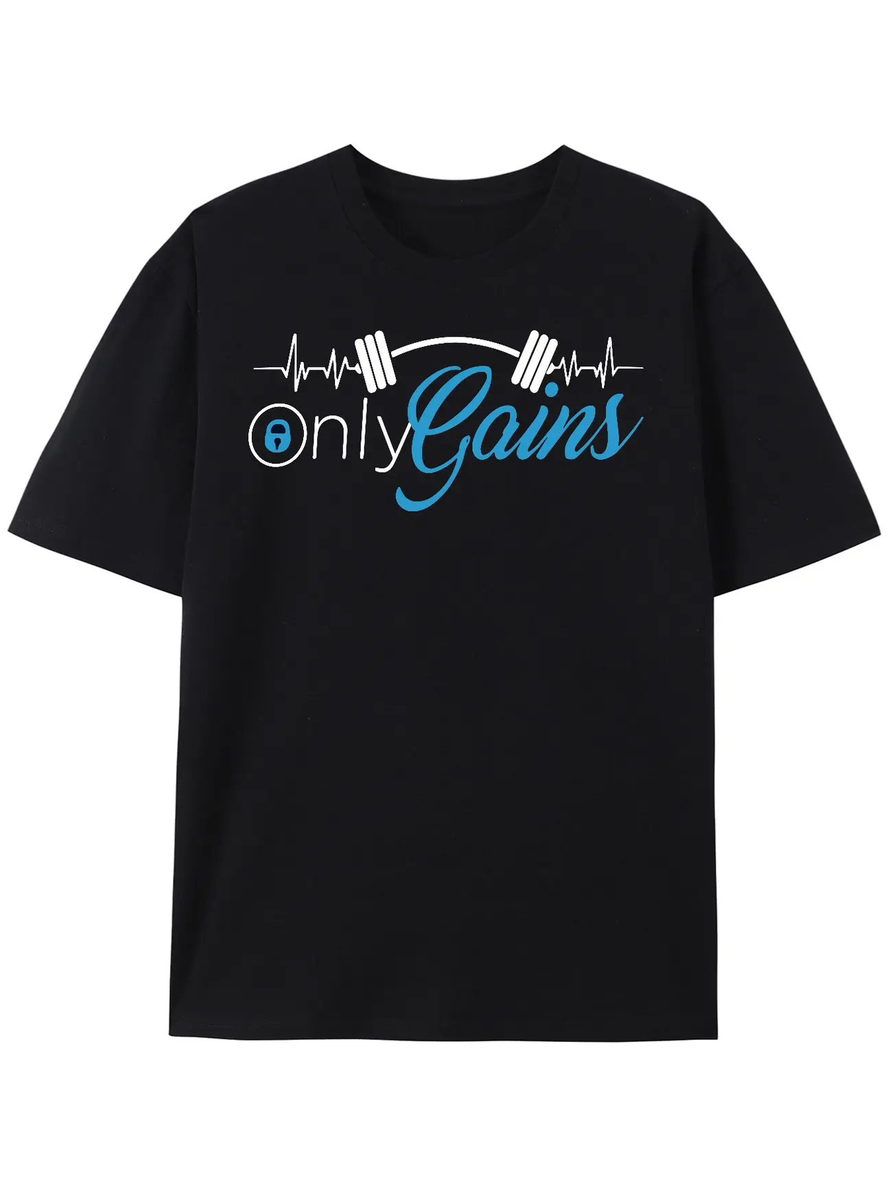 Only Gains" Men's Cotton T-Shirt - Black with Blue Dumbbell Graphic ...