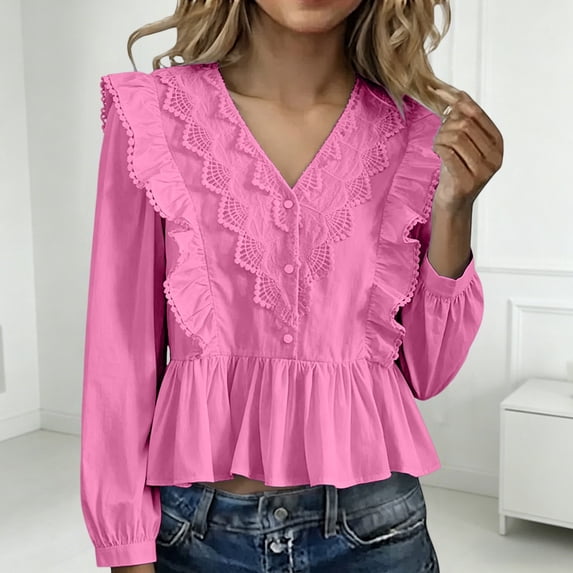 Only Moment Womens Summer Tops Long Sleeve V Neck Lace Spliced Ruffle ...