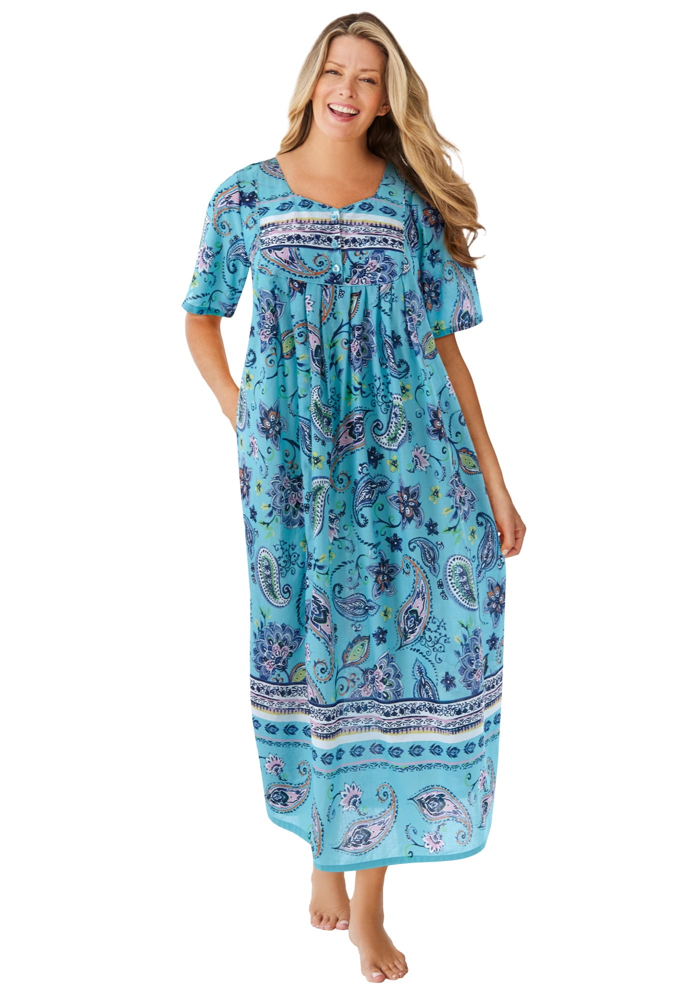 Only Necessities Women's Plus Size Long Cotton Bib Front Lounger Dress ...