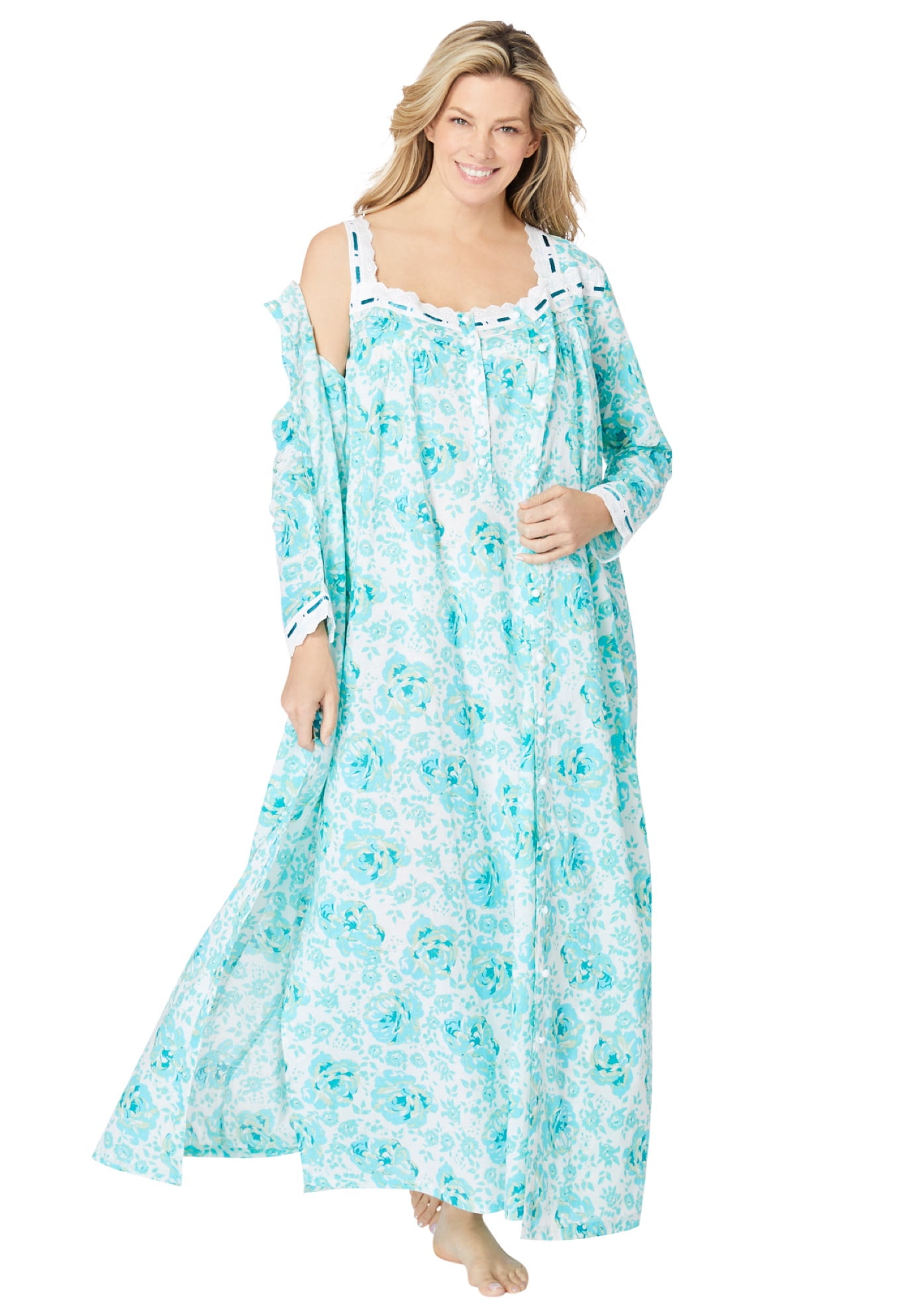 Only Necessities Plus Size Long 2-Piece Cabbage-Rose Peignoir Set ...