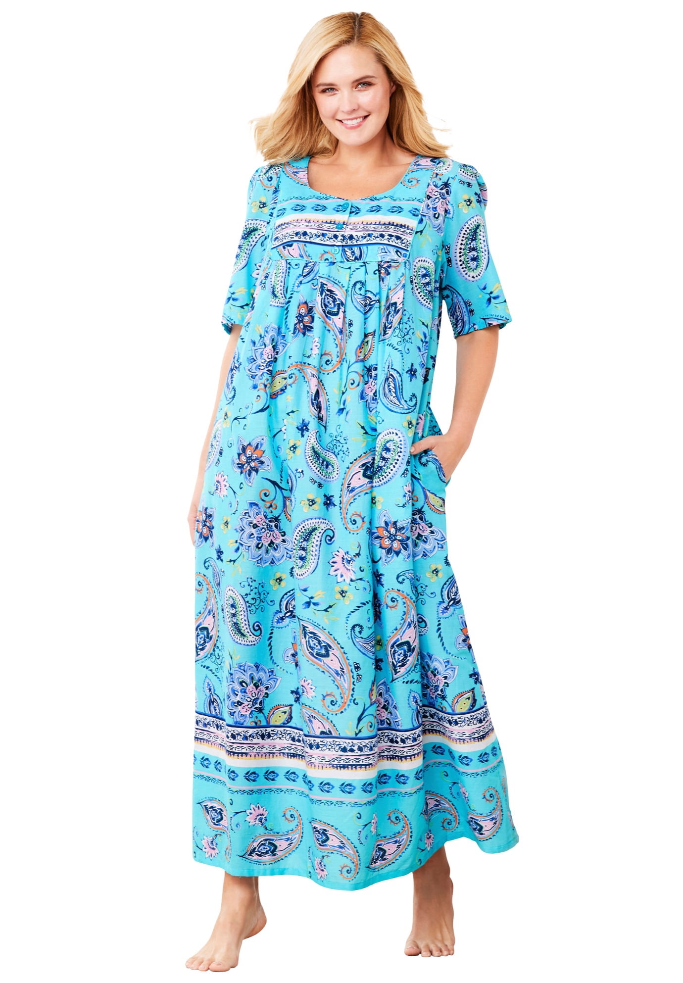 Only Necessities Plus Size Petite Bib-Front Short Sleeve Maxi Lounger ...