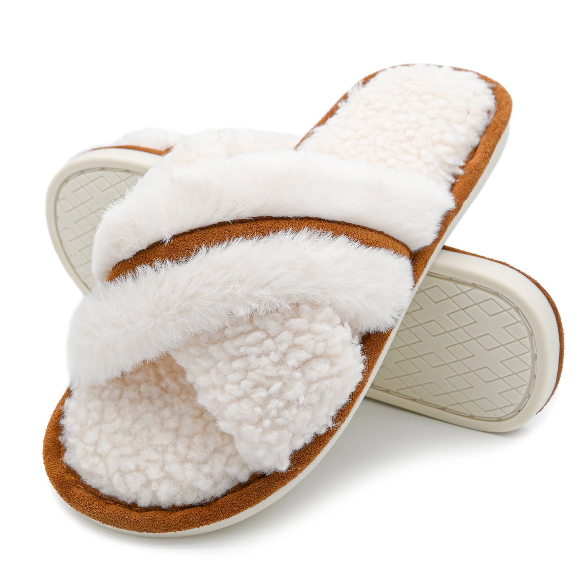 Onmygogo Fuzzy Cross Band Slippers for Women Open Toe with Memory Foam ...
