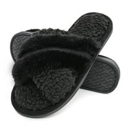 LORDFON Women's Fluffy Open Toe Slippers with Cross Band & Memory Foam, Non-Slip, Breathable ...