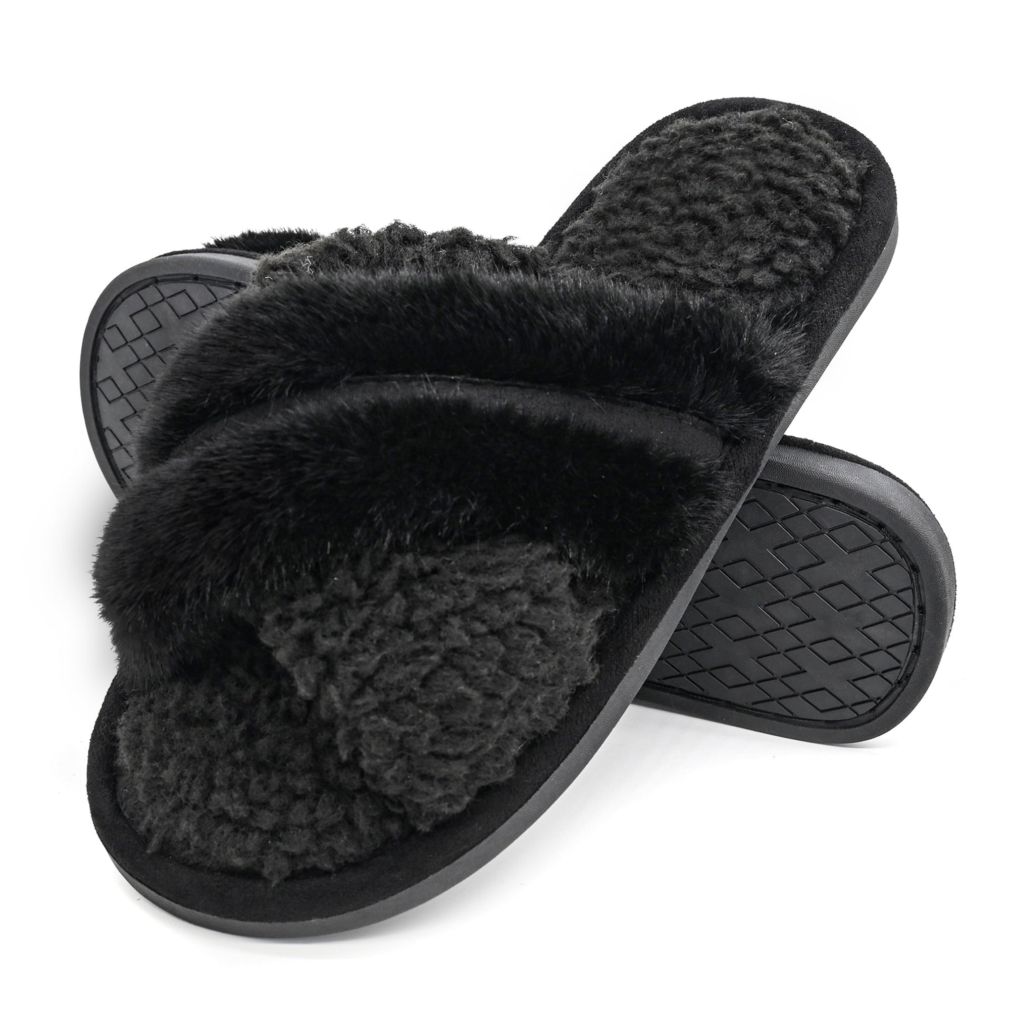 Onmygogo Fuzzy Cross Band Slippers for Women with Open Toe Memory Foam ...
