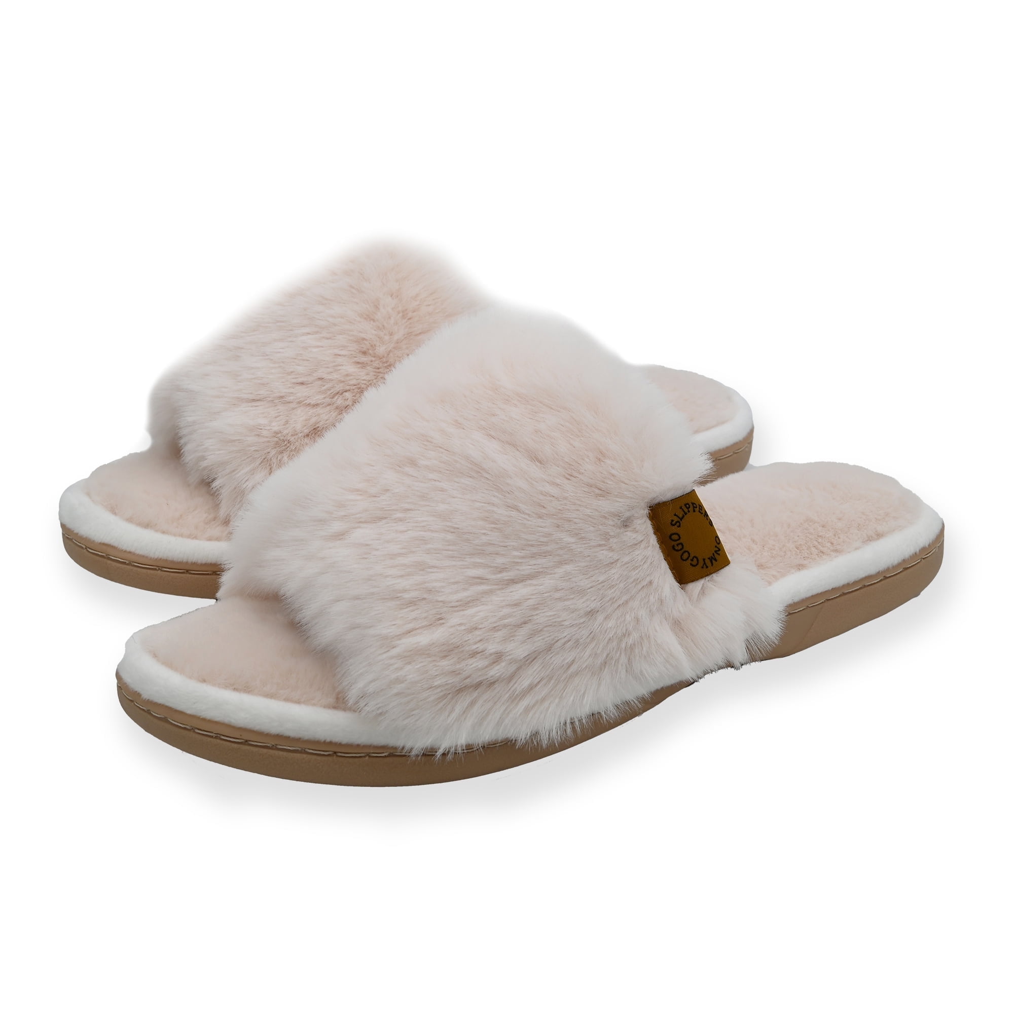 Onmygogo Fuzzy Indoor Slippers for Women Open Toe with Memory Foam ...