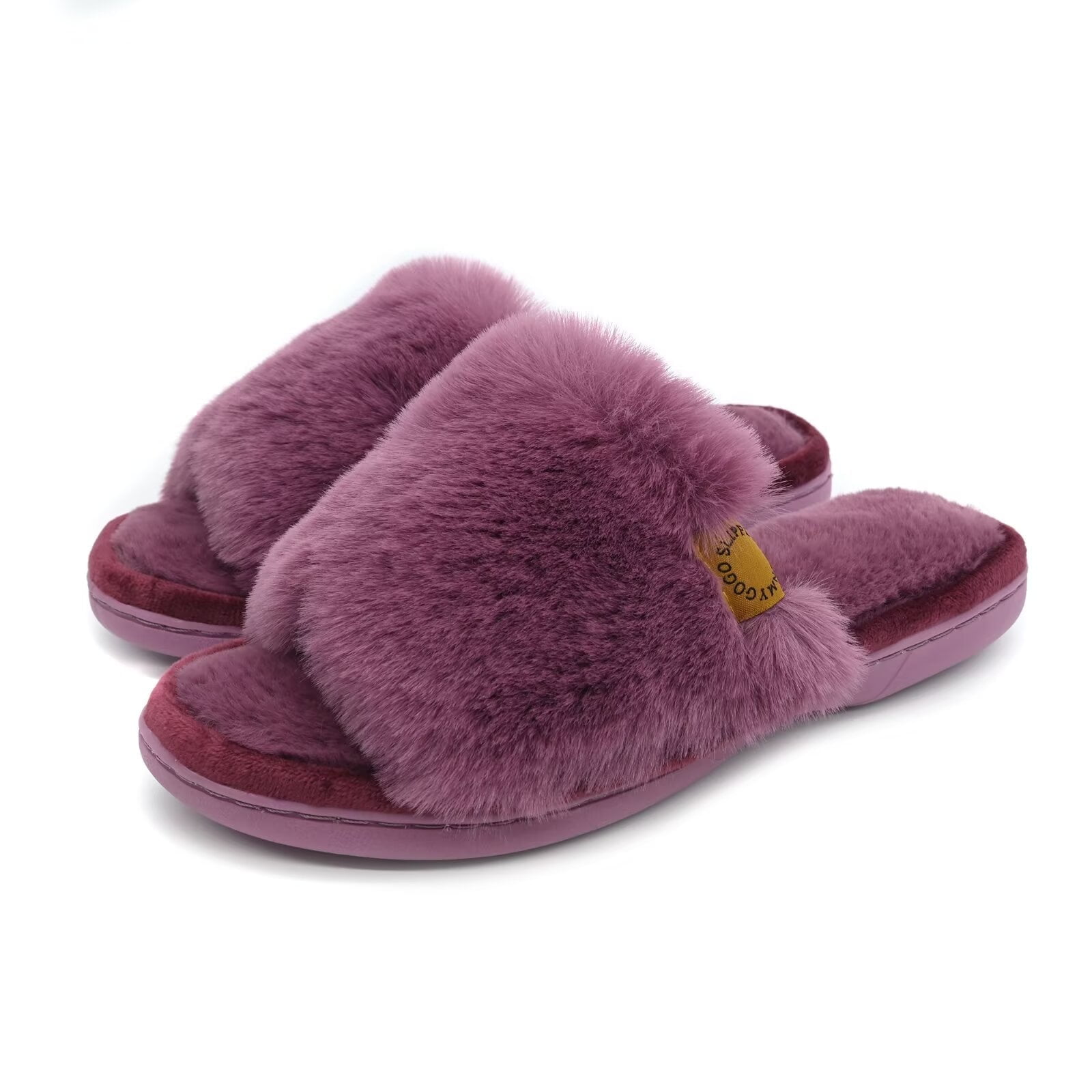 Onmygogo Fuzzy Indoor Slippers for Women Open Toe with Memory Foam ...