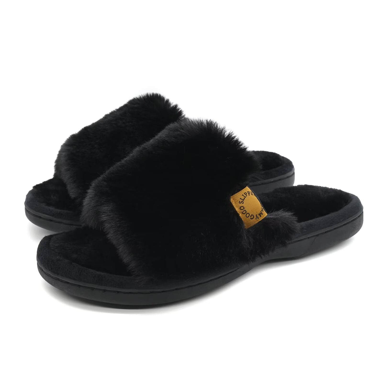 Onmygogo Fuzzy Indoor Slippers for Women, Open Toe, Faux Fur, Memory ...