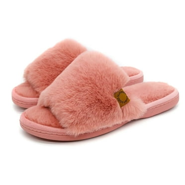 Litfun Women's Fuzzy Slippers Open Toe Cross Band Slippers Memory Foam House Slippers for Women ...