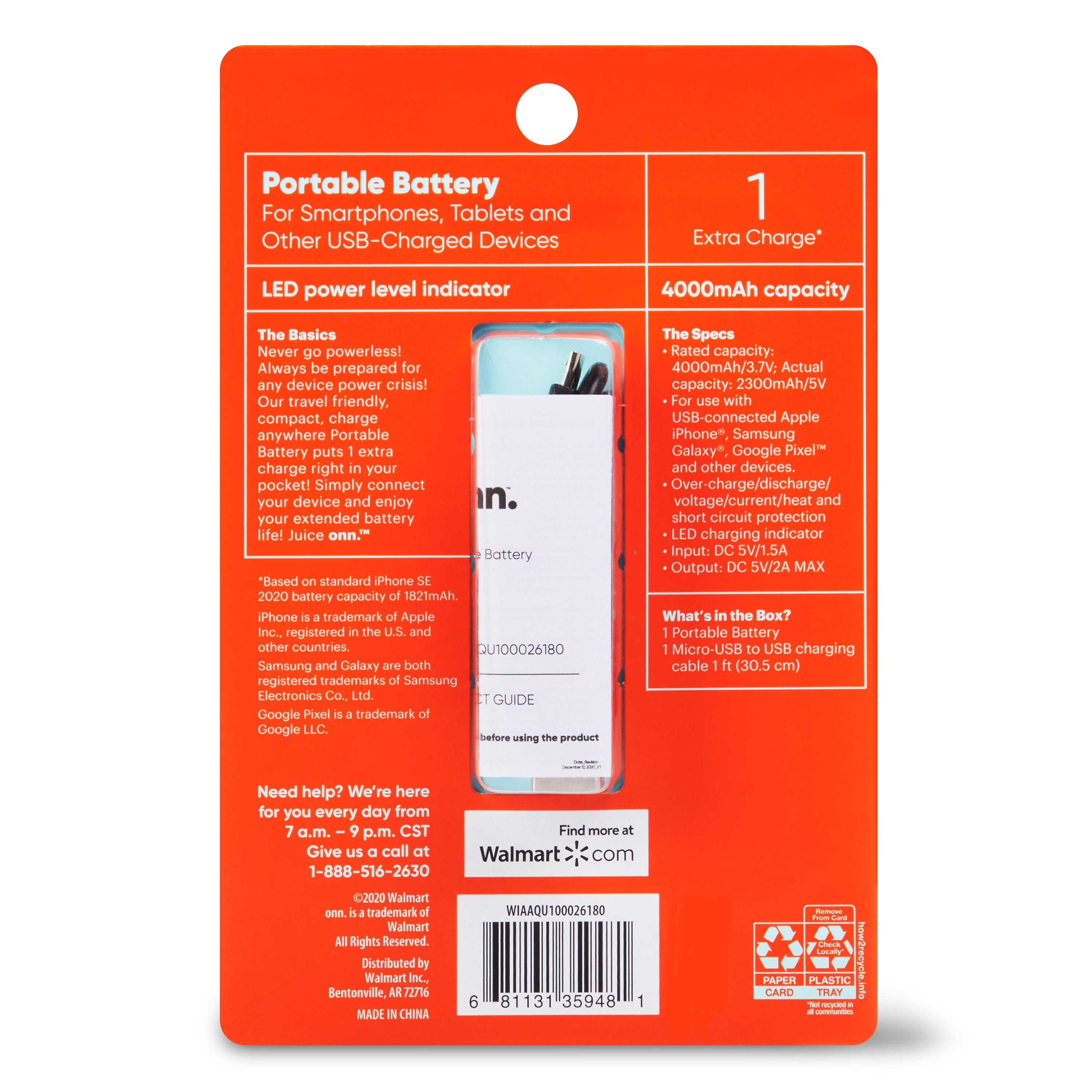 Onn. WIAAQU100026180 4k mAh Portable Battery, Aqua - Walmart Business ...
