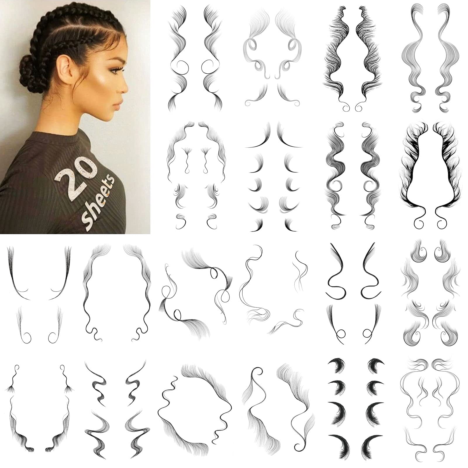 Onpep 20 Styles Hair OIF8 Tattoo Stickers 20Pcs Temporary Tattoos Edges ...