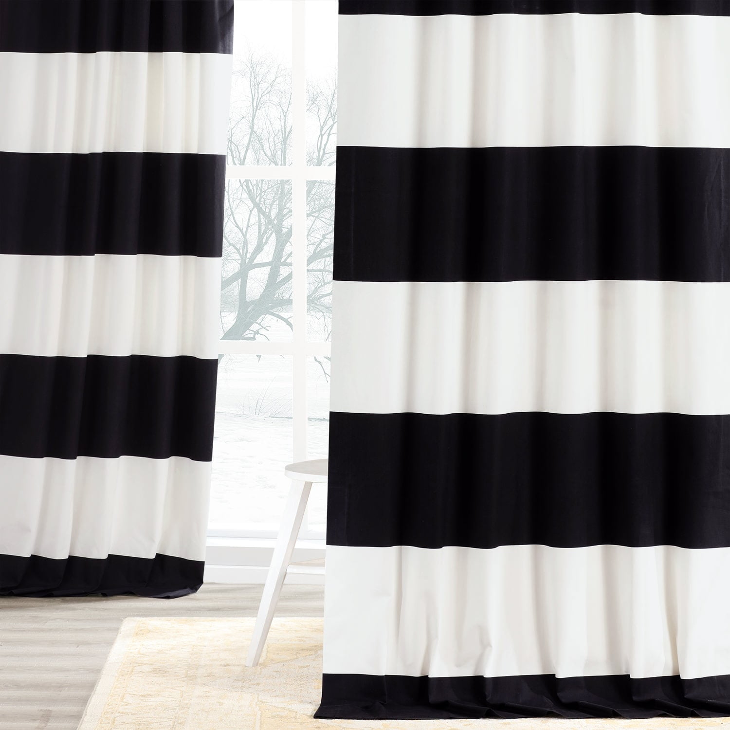 Onyx Black & Off White Horizontal Stripe Curtain (1 Panel), Onyx Black ...