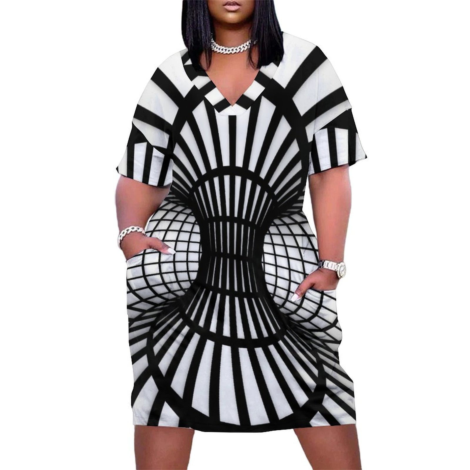 Op Art Black and White Wireframe Tunnel Optical n Loose Pocket Dress ...