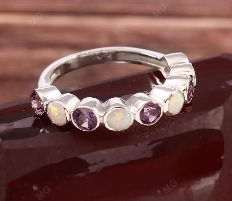 Opal Alexandrite Wedding Ring Band 3mm Half Eternity Small Eva Halo ...