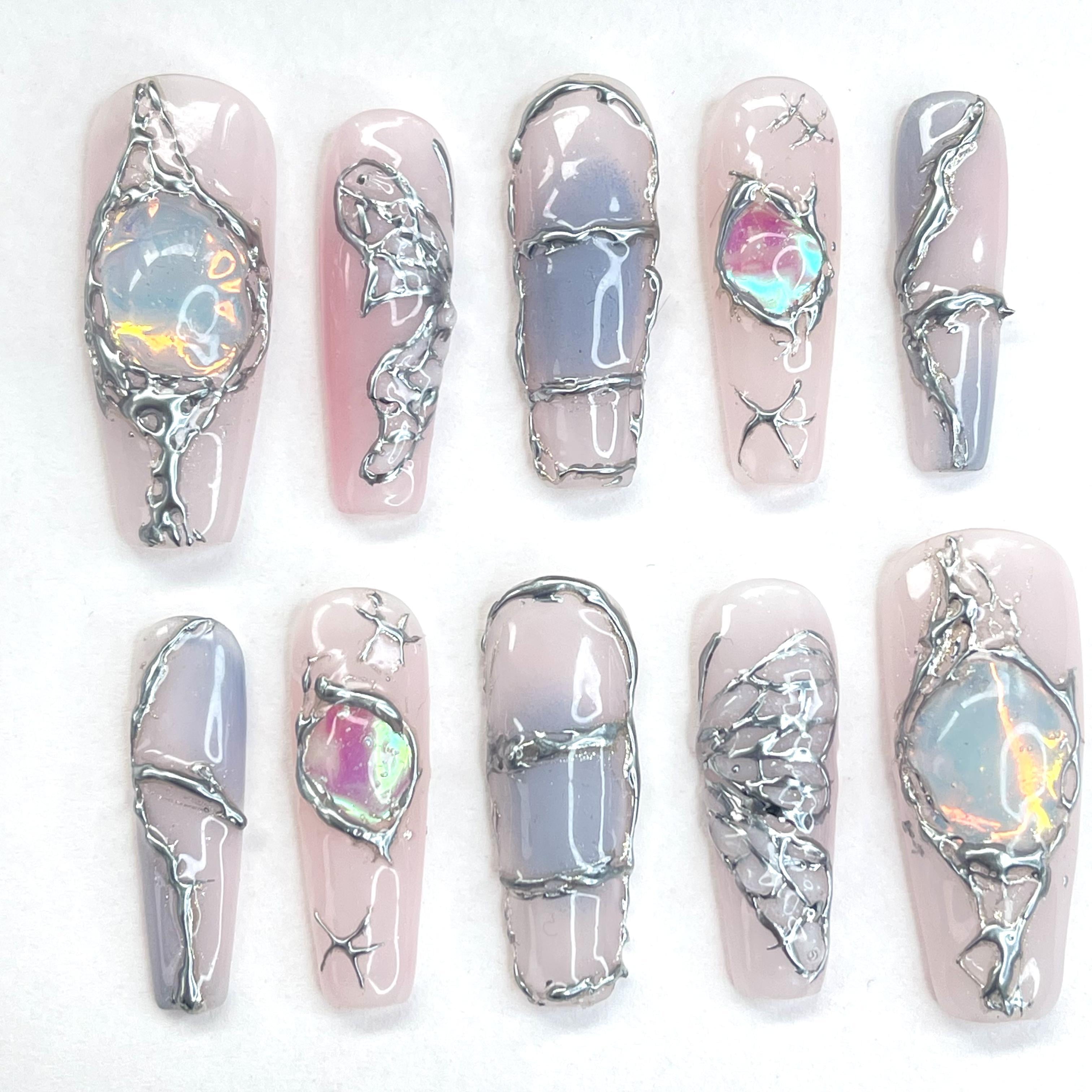 Opal Cage,Custom Press On Nails, Almond Stiletto Square Nails, 3D ...