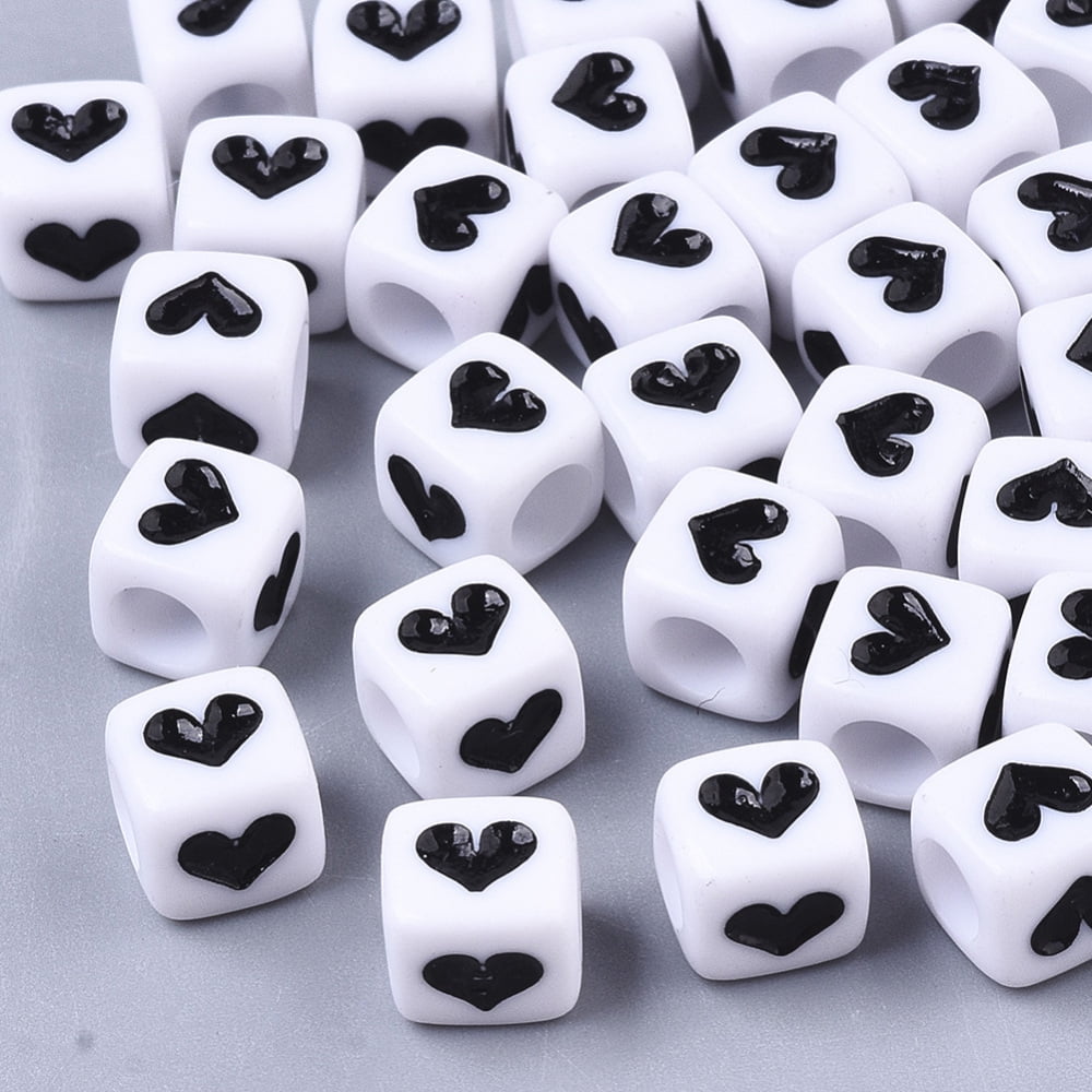 Opaque Acrylic Beads Cube with Heart Black 6x6x6mm Hole: 3.5mm about ...
