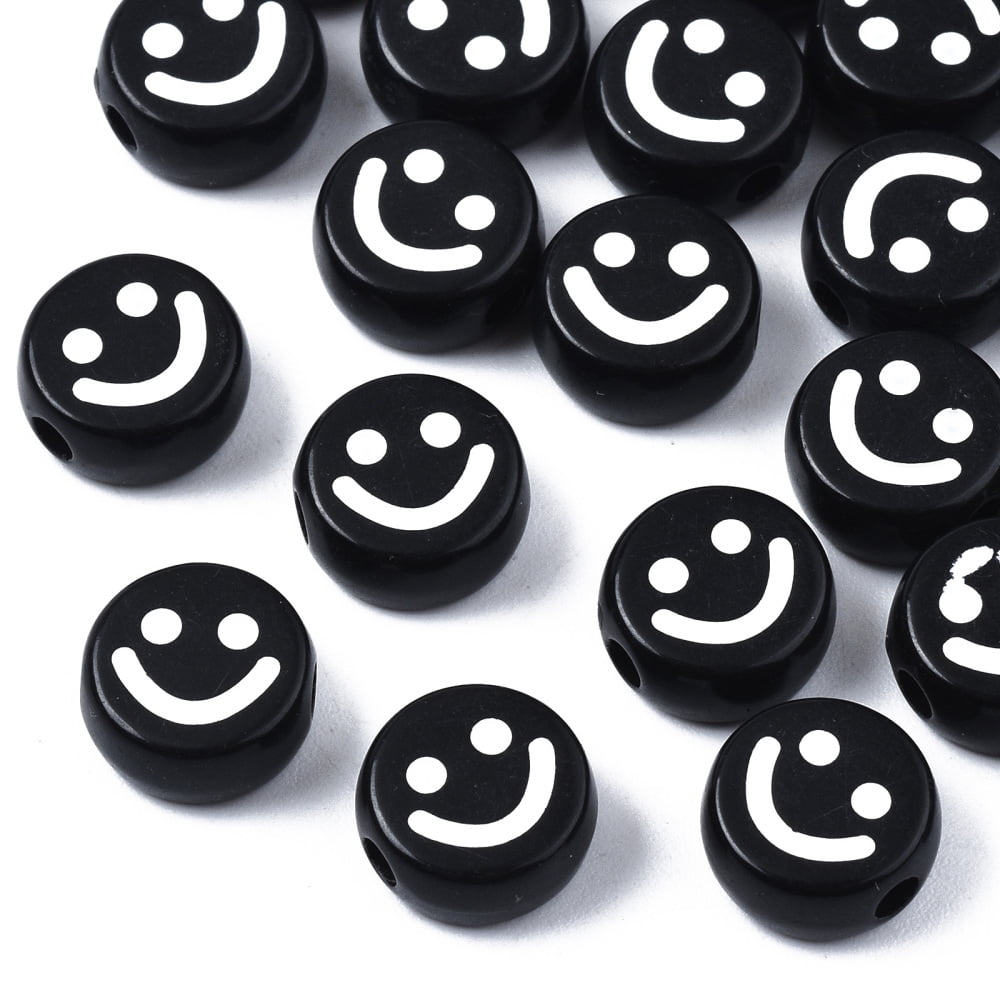 Opaque Acrylic Beads Flat Round with Smiling Face Black 10x4.5mm Hole ...