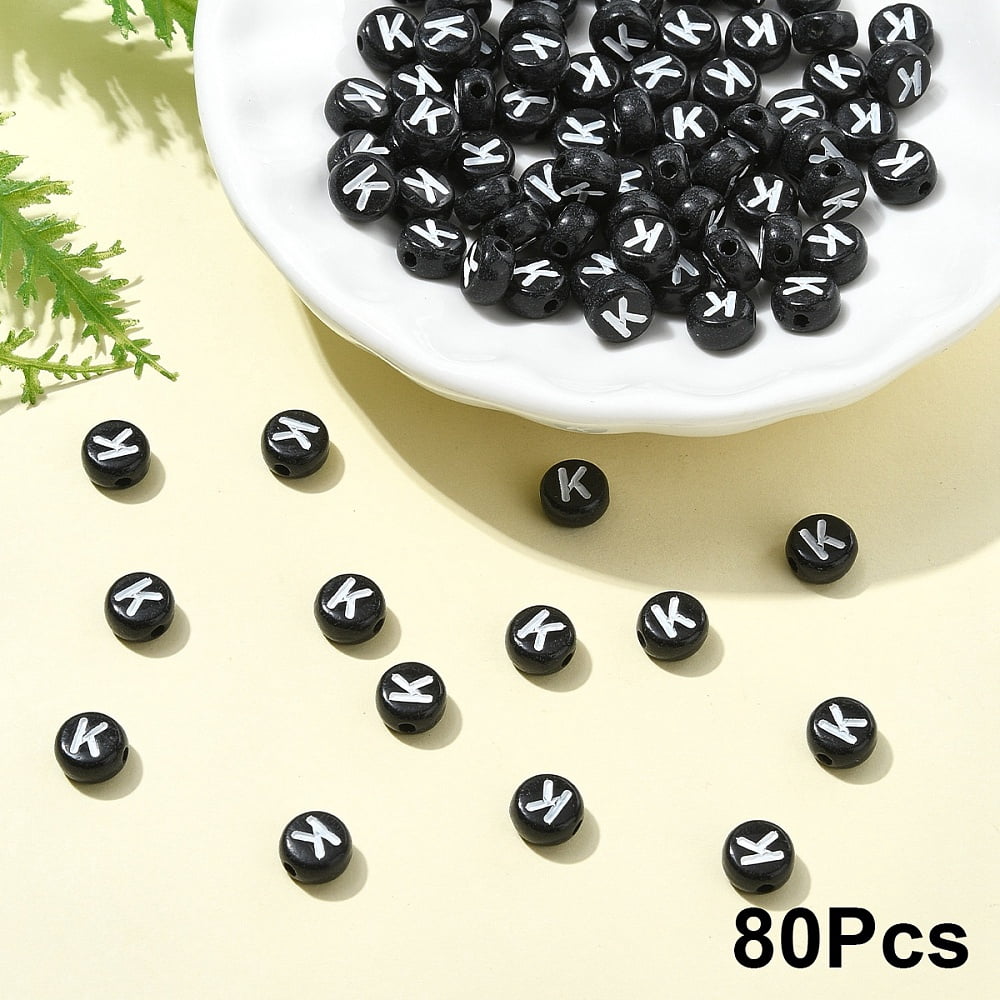 Opaque Acrylic Horizontal Hole Beads with Enamel Flat Round Letter K ...
