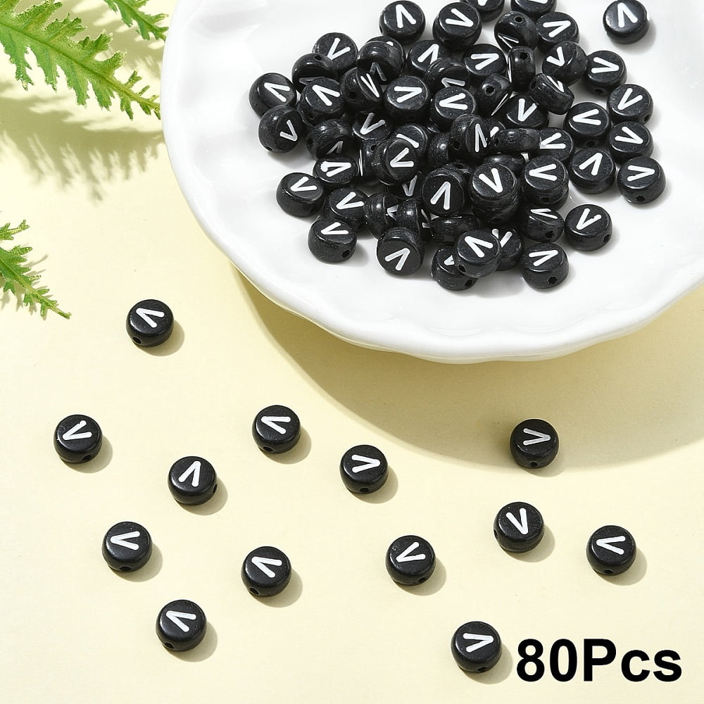 Opaque Acrylic Horizontal Hole Beads with Enamel Flat Round Letter V ...