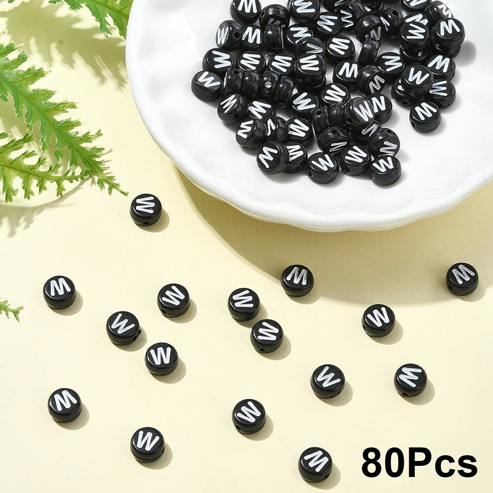 Opaque Acrylic Horizontal Hole Beads with Enamel Flat Round Letter W ...