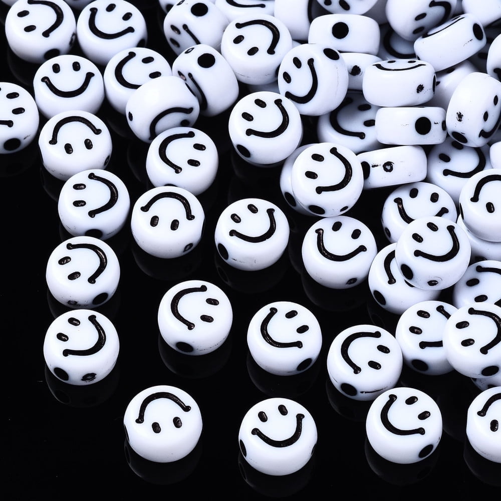 Opaque Craft Acrylic Beads Flat Round with Smiling Face Mixed Color 7x3 ...