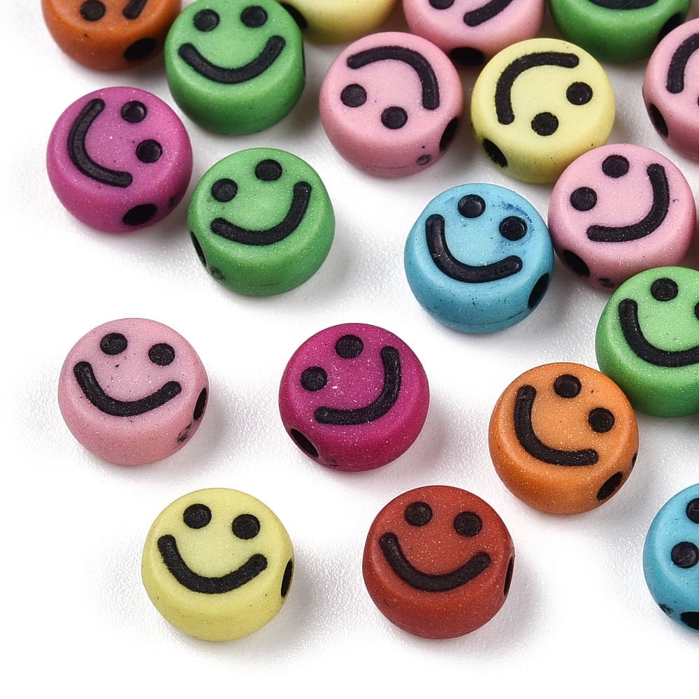 Opaque Craft Acrylic Beads Flat Round with Smiling Face Mixed Color 7x3 ...