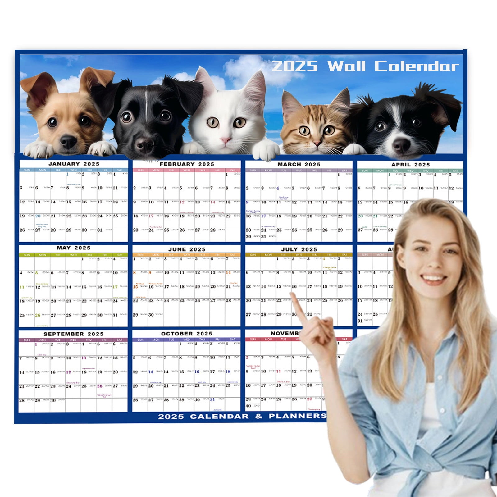 Opehuo 2025 Erasable Calendar,Cute Dogs Cats Large Wet & Dry Erase ...