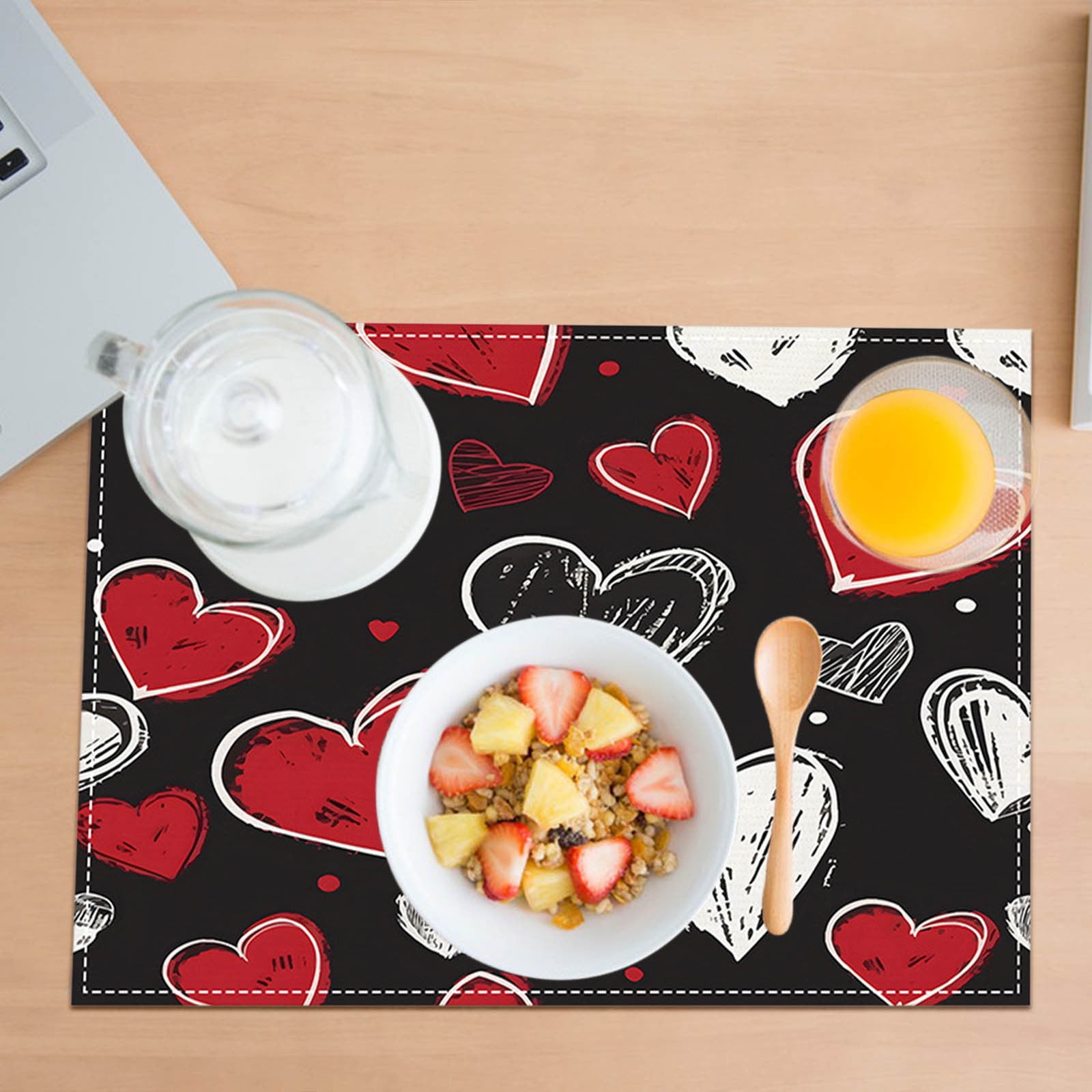 Opehuo Valentine's Day Linen Love Placemats,Black Red Heart Valentine's ...