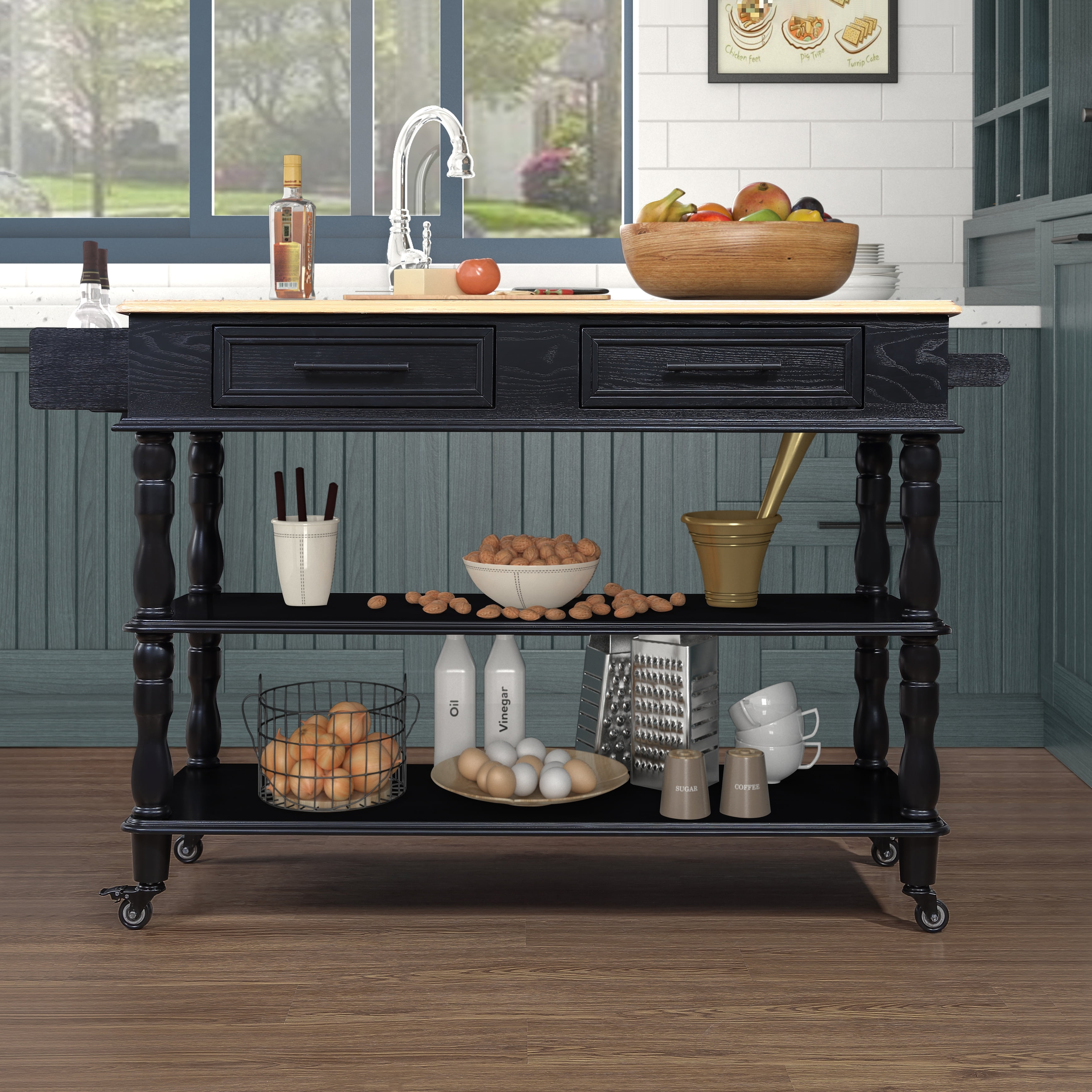 Open 2-sided Kitchen Island on Wheels with OAK Wood Top, Portable ...